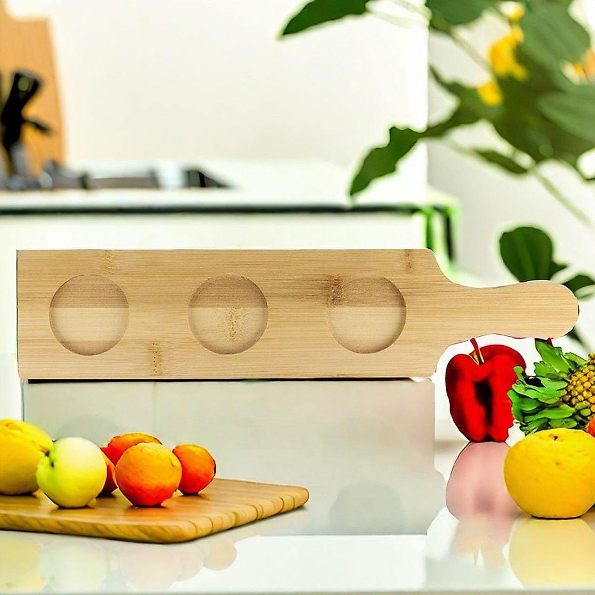 HinLot 3 Slots Bamboo Wine Serving Display Rack Flight Paddle Board for Wine Glass Jars (1)