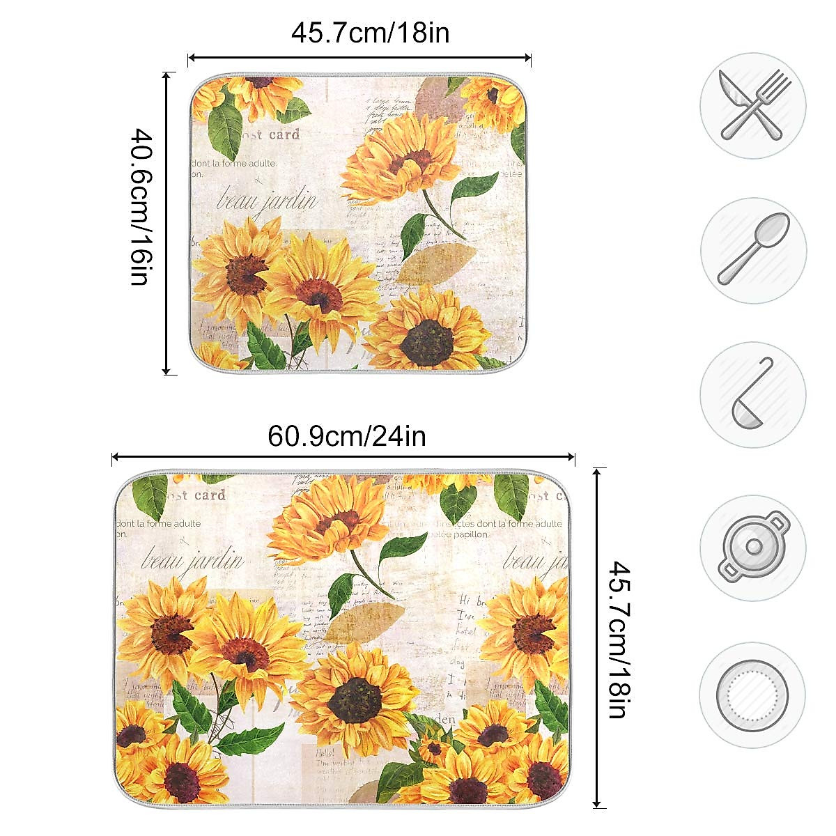 Qilmy Sunflowers Dish Drying Mat Water Absorption Tableware Drying Mat for Kitchen Countertop Home Decoration, 16 x 18 Inch Non Slip Dish Mats, Heat Resistant Countertop Protection