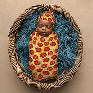 Muishi Funny Pepperoni Pizza Food Texture Newborn Swaddle Blankets Hat Sets Soft Baby Receiving Blanket Swaddle Sack for Baby Shower Infant Boy Girl Gift