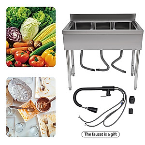 TBVECHI Free Standing Stainless Steel Kitchen Sink, Three Bowls Commercial Restaurant Utility Sink Set w/Hot and Cold Water Faucet, Prep & Utility Washing Hand Basin Sink w/Workbench Indoor Outdoor