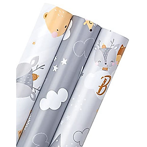 WRAPAHOLIC Reversible Baby Shower Wrapping Paper Roll - Mini Roll - 3 Rolls - 17 Inch X 120 Inch Per Roll - Cute Hedgehog, Animals & Baby Lettering