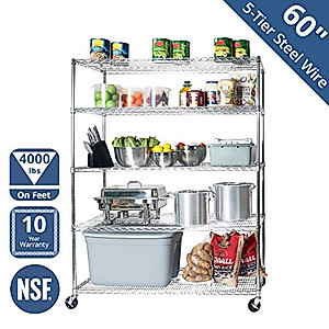Seville Classics UltraDurable Heavy Duty NSF Solid Steel Wire Rack Storage Unit Shelving with Wheels, 5-Tier, 60" W x 24" D