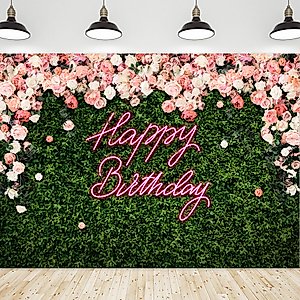 Riyidecor Green Leaves Happy Birthday Backdrop for Women Neon Flower Wall Pink Rose Floral Blossom Botanical Plant Nature 7Wx5H Feet Girls Photography Background Birthday Photo Studio Shoot Fabric