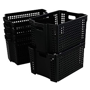 Yubine Black Plastic Storage Basket, Stacking Baskets Bin, 6 Packs