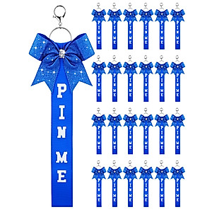 Landical 24 Pcs Cheer Pin Me Ribbon Cheer Keychain Cheer Ribbon Pins with Rhinestones Bow for Cheerleader Bag Backpack (Blue)
