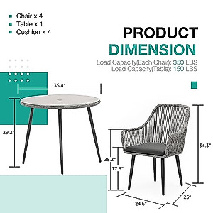 Patiorama 5-Piece Patio Dining Set, Outdoor Dining Table Chair Set, All-Weather Twisted Rattan Wicker Rope Conversation Set, Patio Furniture Set w/Umbrella Hole, 4 Cushioned Chairs&Glass Table(Gray)
