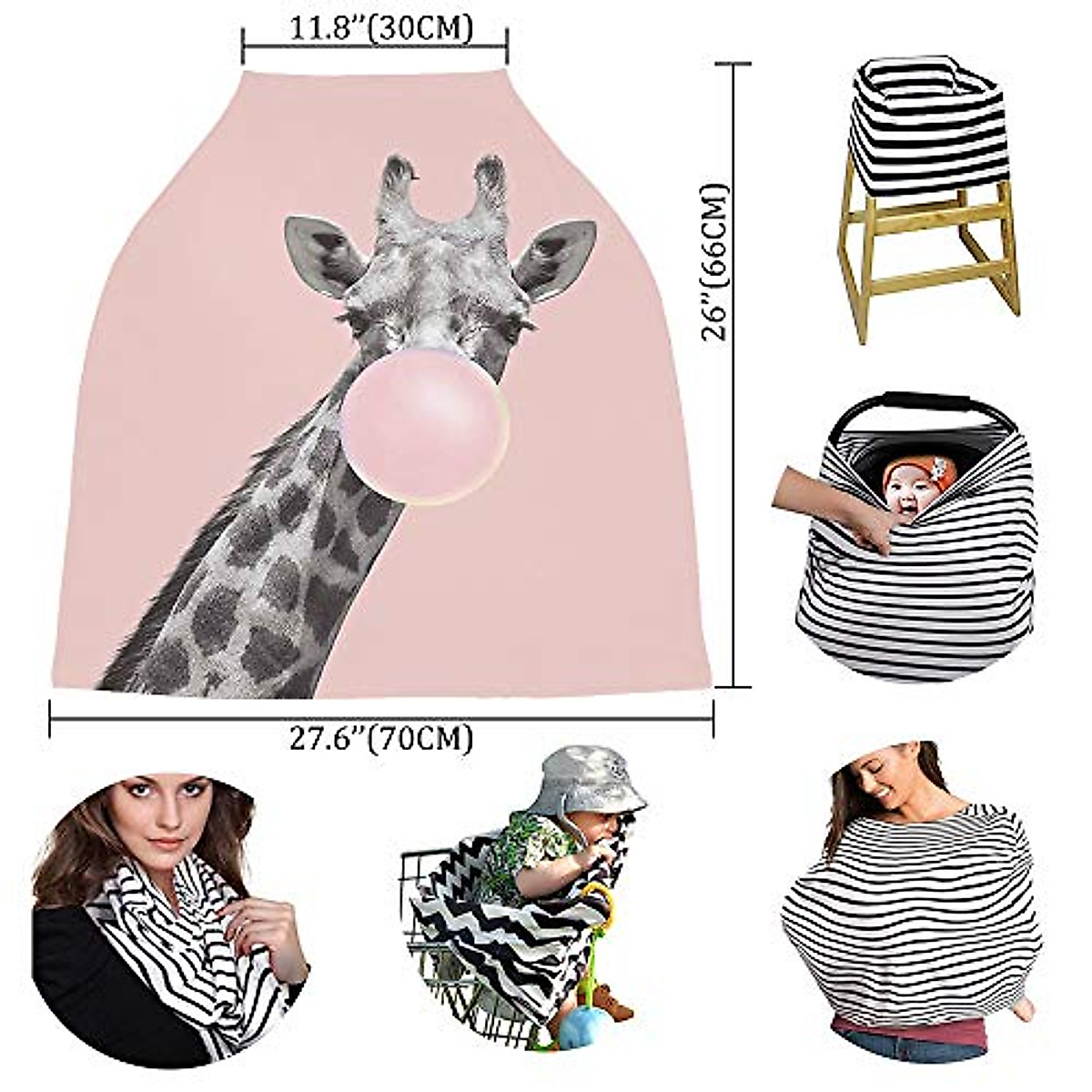 Giraffe Baby Car Seat Cover, Multi-Use Nursing Cover for Boys, Girls, Infants, Snug Warm Stroller Covers for Babies, Funny Animal Giraffe Blowing Bubble Pink