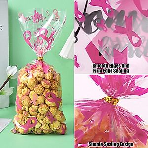 Ysqool 50 Breast Cancer Support Cellophane Treat Bags,Pink Ribbon Pattern Party Bags Clear Plastic Candy Goodie Gift Bags with Gold Twist Ties for Breast Cancer Awareness Party Supplies Gift Wrapping