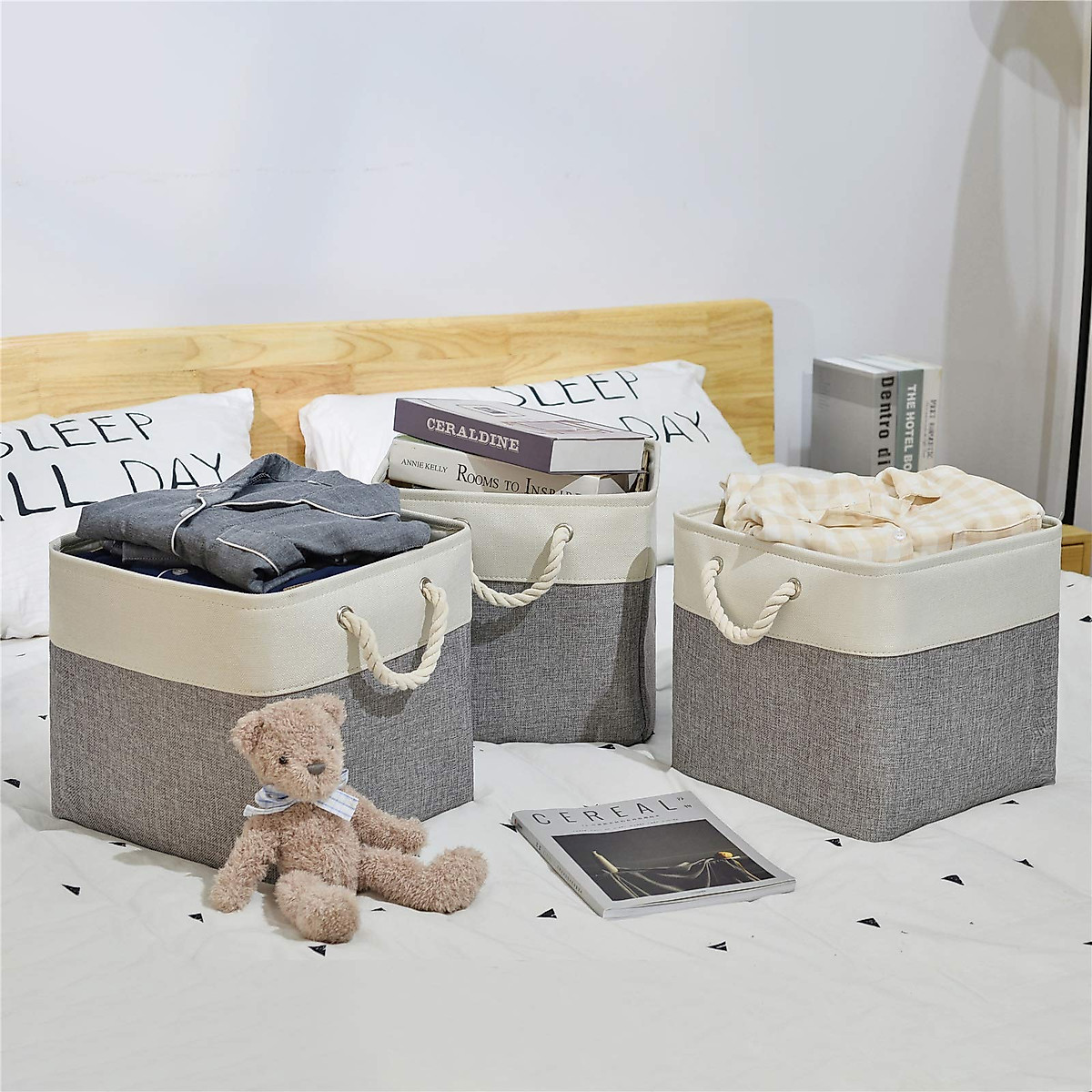 FAGlSAK Large Foldable Storage Bin 13" X 13" Storage Basket Organizer Basket Shelf Cube with Sturdy Cotton Carry Handles for Baby Nursery Closet Shelves Organization (White&Grey, Set of 3)