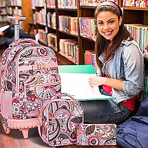 AGSDON Rolling Backpack for Girls, Women Roller Wheels Bookbag, Laptop Wheeled School Bag with Wheels for Teens - Pink 01