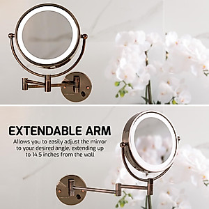 OVENTE 9" Lighted Wall Mount Makeup Mirror with 1X/7X Magnification, Double Sided Magnifying Bathroom Mirror, LED Glow Light, 360° Swivel Design, Extendable Folding Arm, Antique Brass MPWD3185AB1X7X