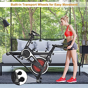 Goplus Indoor Cycling Bike, Silent Belt Drive Exercise Bike Stationary Bicycle with Steel Flywheel, Phone Holder, Adjustable Seat and Handlebar, LCD Monitor, Heart Rate Monitor (Black + White)