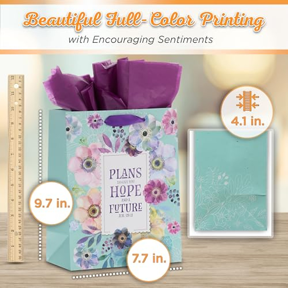 Christian Art Gifts Gift Bag/Tissue Paper Set Hope & A Future Jeremiah 29:11 Bible Verse, Purple/Teal, Medium