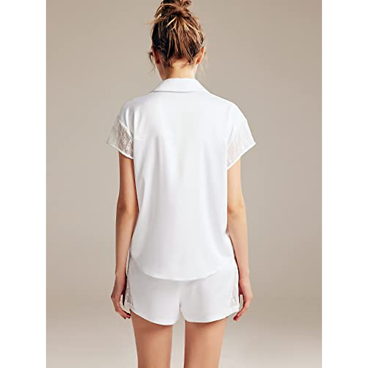 AW BRIDAL White Bride Pajamas Plus Size Silk Pajama Set for Women Short Button Down Pajamas with Patchwork Lace 2Pieces PJ Set, White XL