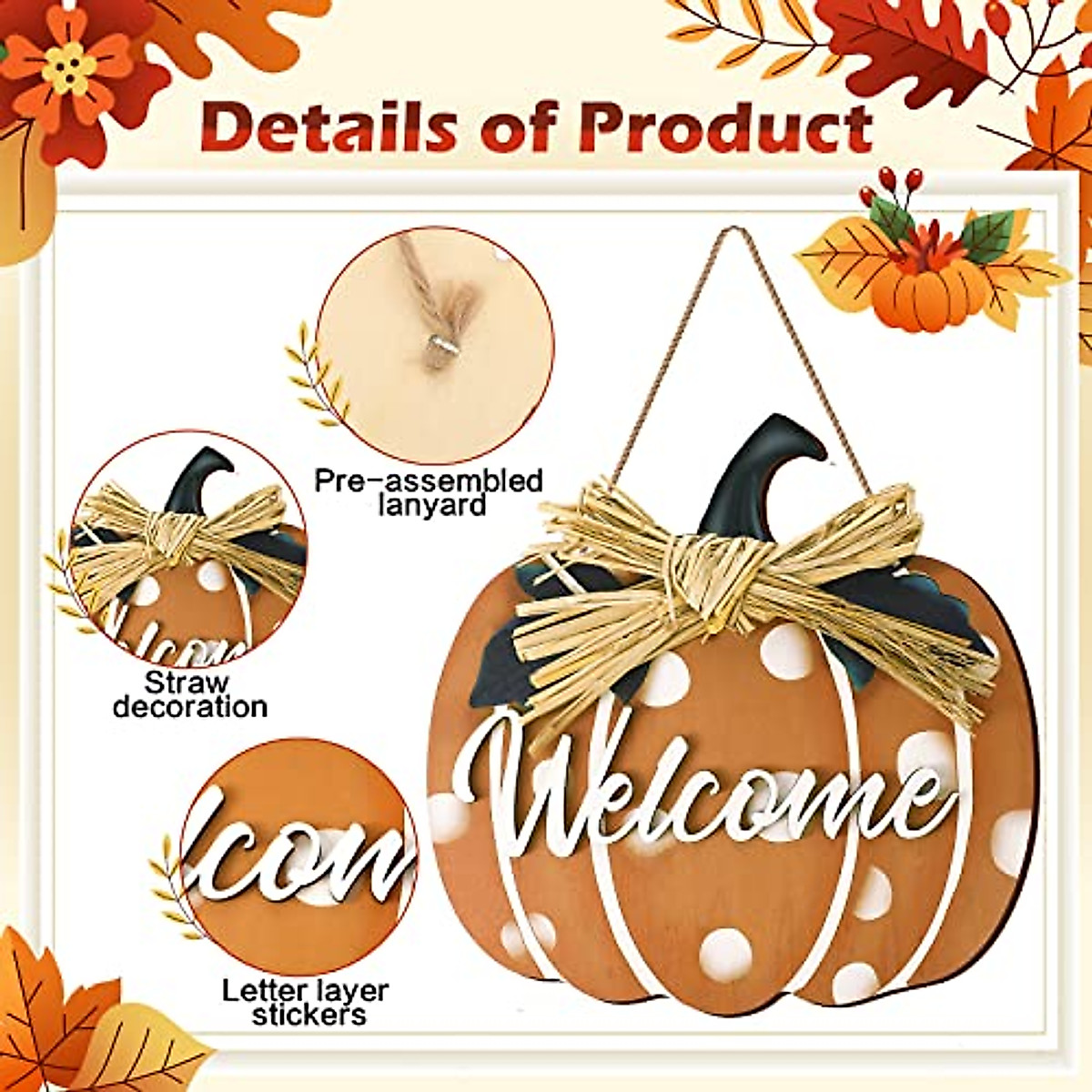 Shellwei Fall Pumpkin Welcome Sign for Front Door Wood Pumpkin Hanging Decor Thanksgiving Wooden Hanger Decorations for Autumn Harvest Farmhouse Home Decor