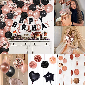 Birthday Decorations Rose Gold Black, ‎KISPATTI 51 Pieces Rose Gold Black Birthday kit with Happy birthday Foil Confetti Balloons, Birthday Party Decorations Supplies for Women Girls 21 30 40 50 70th