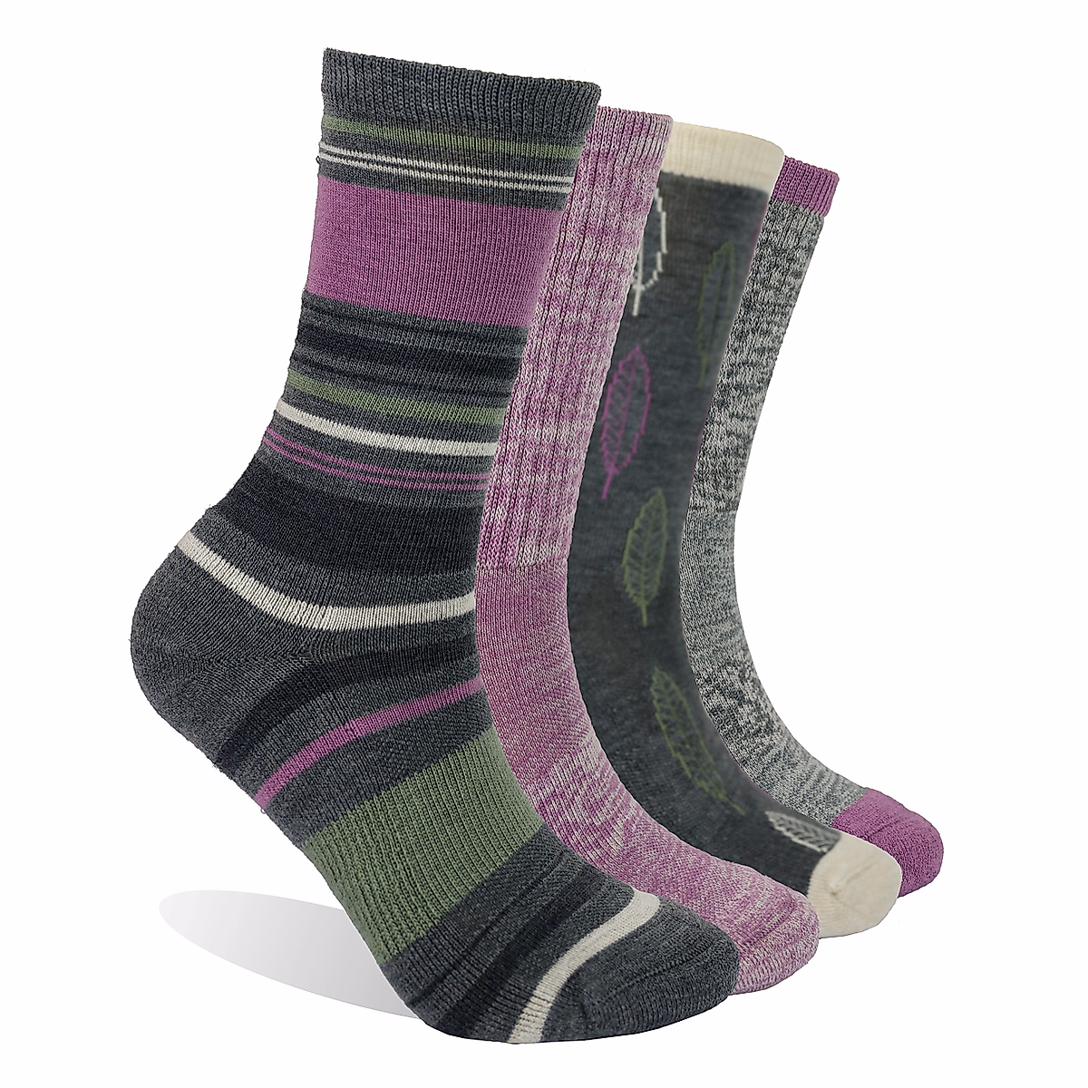 EnerWear 4 Pack Women's Merino Wool Outdoor Hiking Trail Crew Sock (US Shoe Size 4-10,Violet/Gray/Multi)