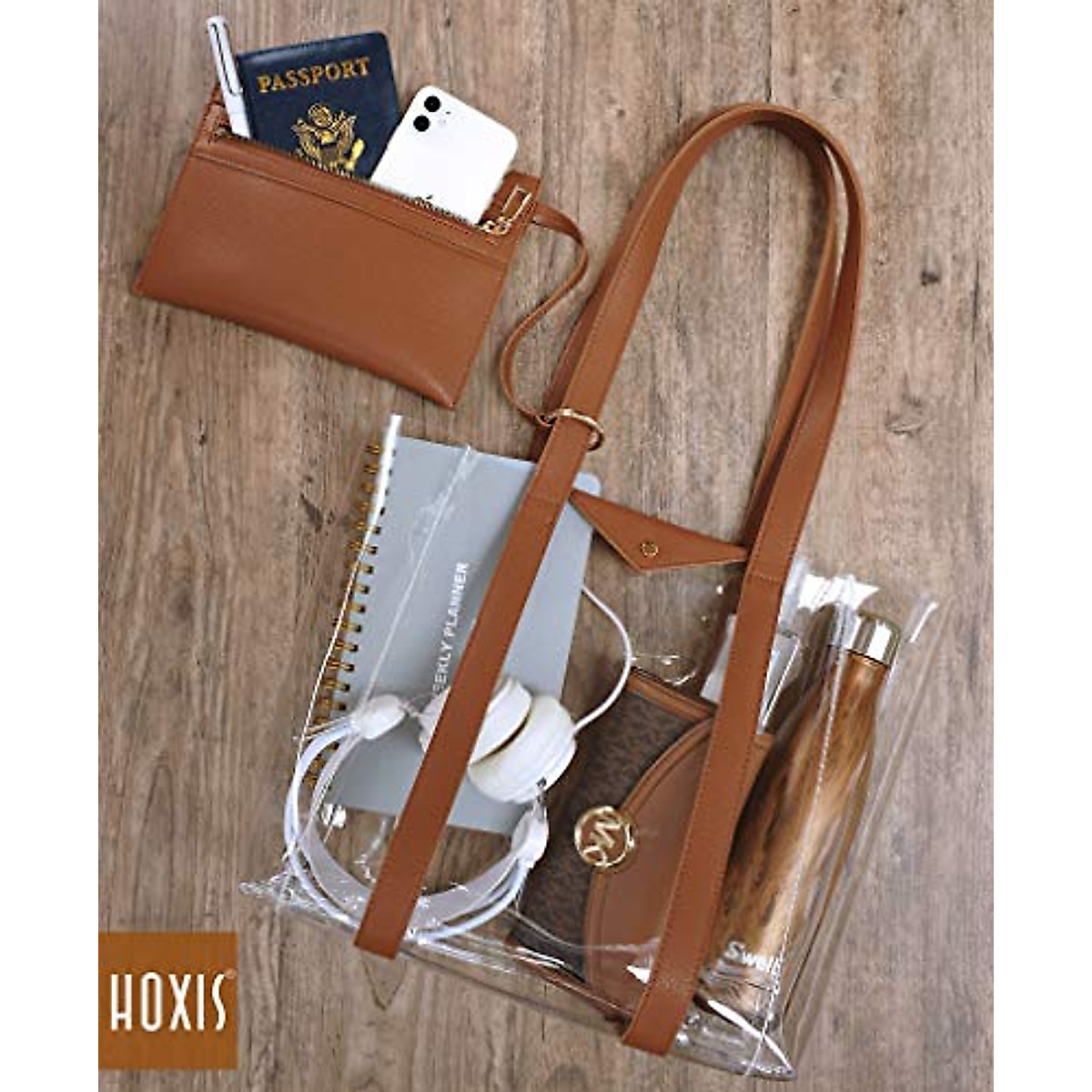 Clear Tote with Vegan Leather Pouch Women Weekender PVC Handbag Shopper Work Bag (Brown)