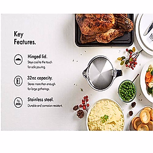 Double Insulated Gravy Boat - Stainless Steel Sauce Jug with Hinged Lid Hinged Lid Ideal for Gravy or Cream at Thanksgiving (450ML/16 OZ)