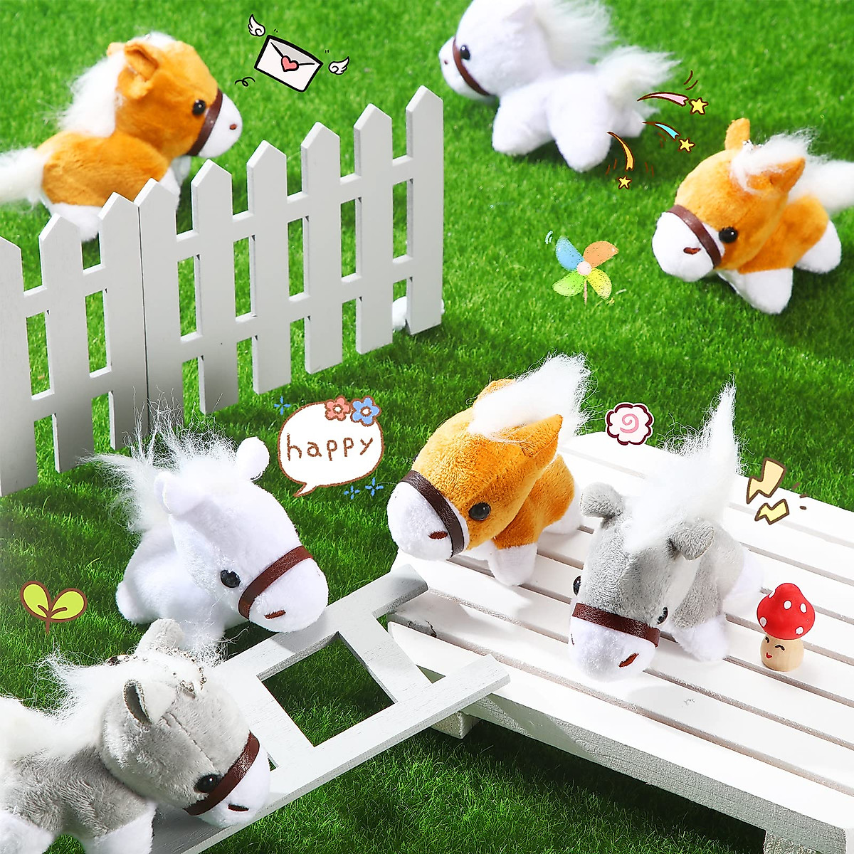 Zomiboo Stuffed Horse, 12 Pcs Assorted Toy Plushies, 3.2 Inch Mini Plush Animals Keychain Party Favors with Detachable Chain for Farm Party Supplies Christmas