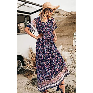 PRETTYGARDEN Women's Casual Summer Boho Floral Print Dress V Neck Short Sleeve High Waist Long Maxi Beach Dresses (Navy,Medium)