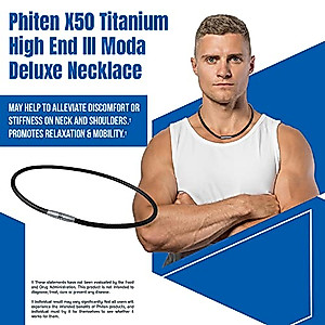 PHITEN X50 Titanium High End Moda Deluxe Necklace - Faux Leather Necklace Cord with X50 Aqua-Titanium - Elastomer Core with Micro Titanium Spheres and Stainless Steel Clasp - Black, 20 Inch