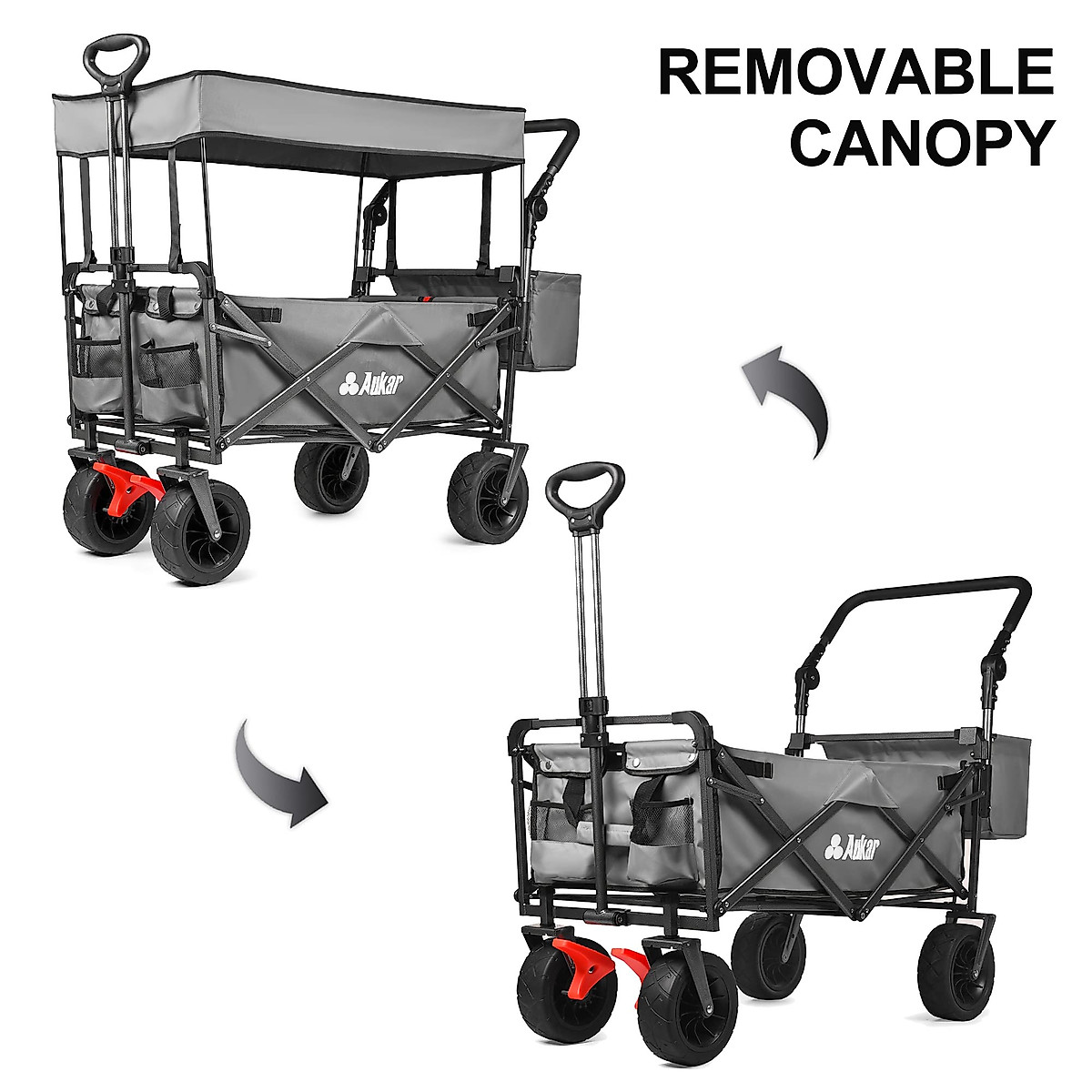 AUKAR Collapsible Canopy Wagon - Heavy Duty Utility Outdoor Foldable Garden Cart - with Adjustable Push Pulling Handles,Big Wheels for Sand, for Shopping, Picnic, Camping, Sports - Grey