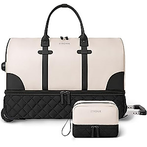 ETRONIK Rolling Duffle Bag with Wheels, 21 Inch Flight Approved for Travel Toiletry Bag, Carry on Luggage Overnight Bags Women Shoe Compartment, Beige
