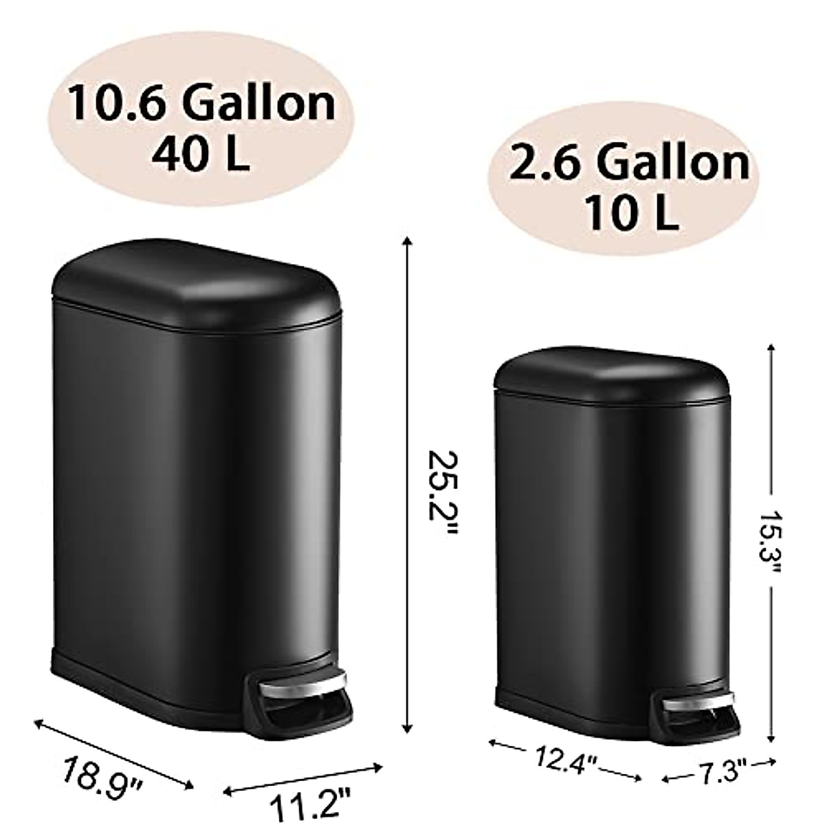 Black Kitchen Trash Can Combo Set, Step Metal Garbage Cans with Lid, 10.6+2.6 Gallon Big Small Trash Can for Kitchen, Office, Bathroom