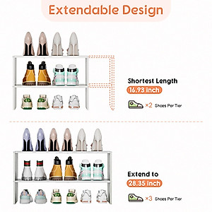 2-Tier Small Shoe Rack Organizer for Closet, Expandable and Adjustable White Shoe Rack, Stackable Iron Wood Combination Shoe Shelves for Closets, Entryway, Small Space, Hallway, Garage