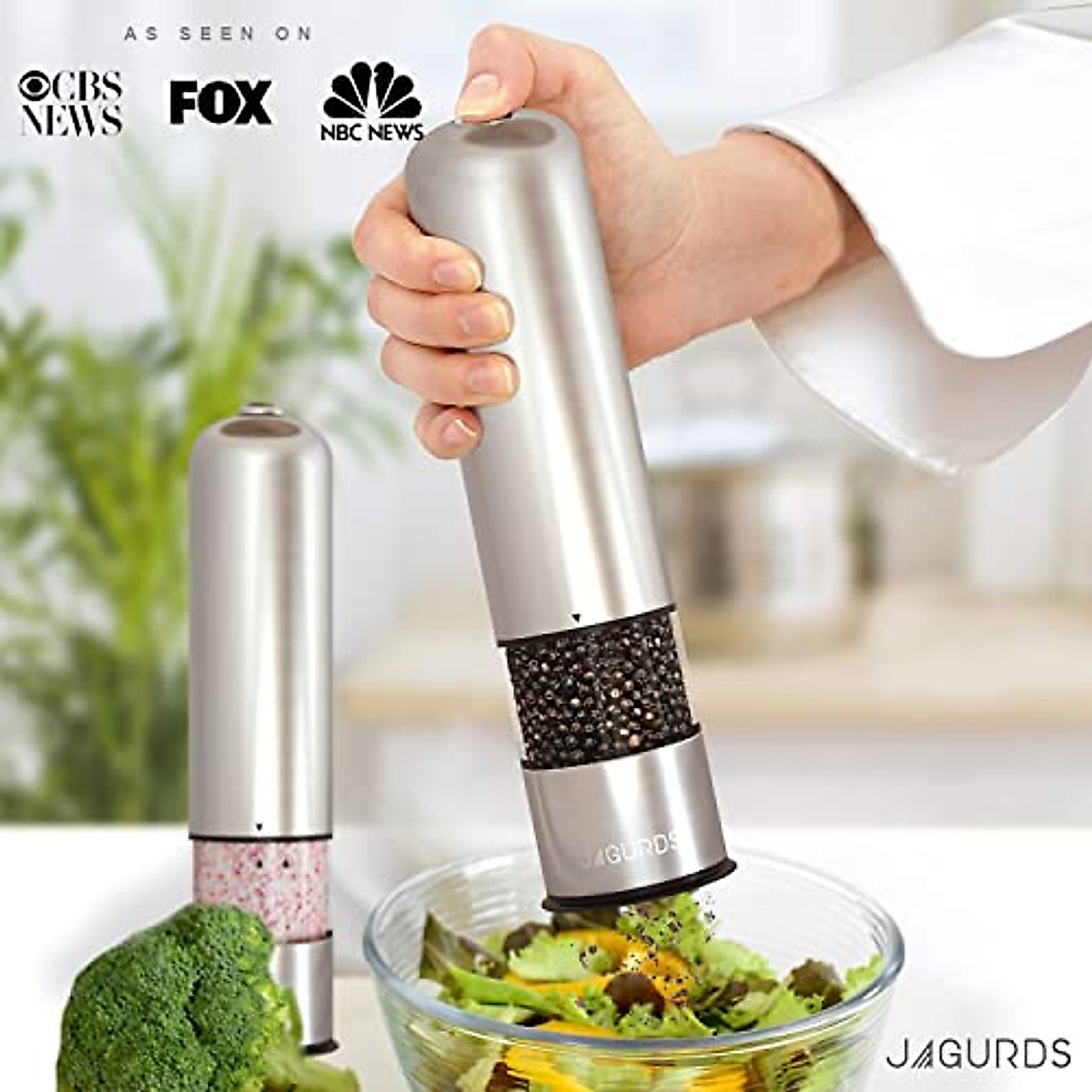 Electric Salt and Pepper Grinder Set - Automatic, Refillable, Battery Operated Stainless Steel Pepper Mill and Salt Grinder with Light - One Handed Push Button Salt and Pepper Shakers