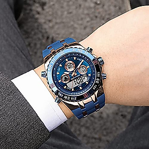 GOLDEN HOUR Luxury Military Sports Men's Watches Large Size Big Face 3ATM Waterproof, Stopwatch, Date and Date, Alarm, Luminous Digital Analog Wrist Watch with Rubber Band in Rose Gold Blue