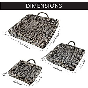 AuldHome Rustic Willow Basket Trays, Set of 3 (Square, Gray Washed); Natural Wicker Decorative Farmhouse Trays