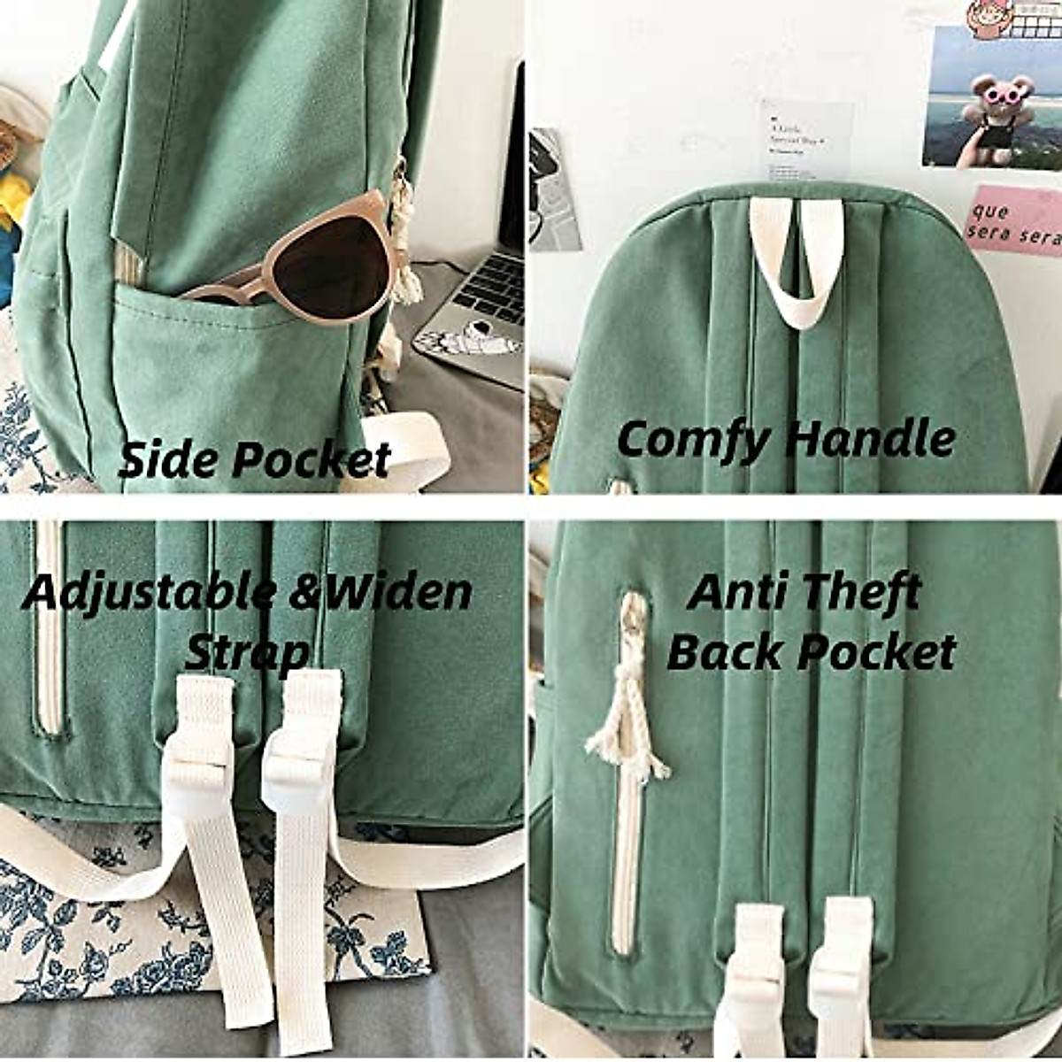 WEIIYONN Kawaii Backpack with Cute Bear Accessories Large Capacity for Laptop Aesthetic Bag for Women Canvas Pastel Bookbag (Green)