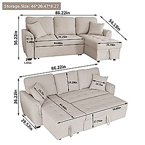 Aoowow Upholstered Sectional Sofa with Reversible Storage Chaise Lounge, Linen Fabric Pull Out Sofa Bed with 2 Throw Pillows, 86 Inch L-Shaped Couch, 3-Seat Sleeper Sofa for Living Room (Beige)
