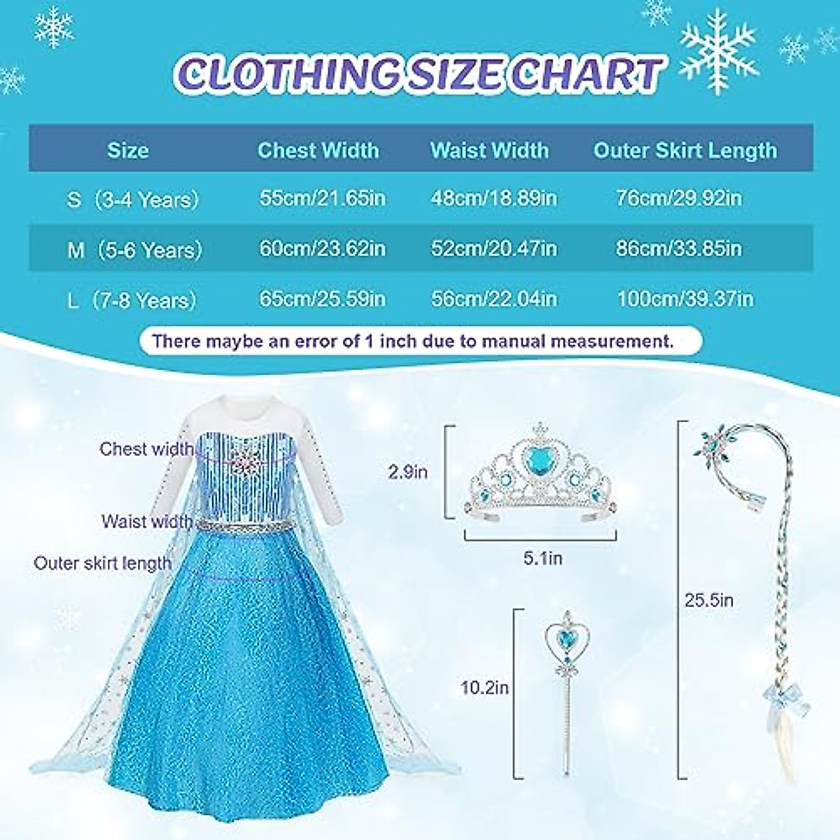 Meland Princess Dresses for Girls - Princess Costume with Long Cape for Cosplay, Dress Up Clothes for Little Girls Age 3,4,5,6,7,8 Year Old(3-4 Years)
