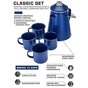 COLETTI Classic Camping Coffee Pot & Enamel Mug Set — Percolator Coffee Pot, Enamel Coffee Mug – Complete Nostalgic Bundle – German Imported Enamel Powder [12 oz, Set of 4] (Blue)