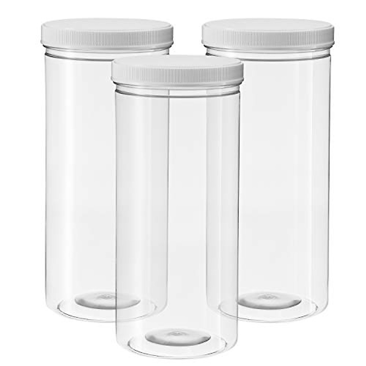 80 Ounce Tall Clear Empty Plastic Jars with Screw-on Lids & Labels - Pack of 3 Large 2.5 quart 10 cup capacity Plastic Cylinder Containers - Food Grade BPA Free Airtight Leak Proof Canisters