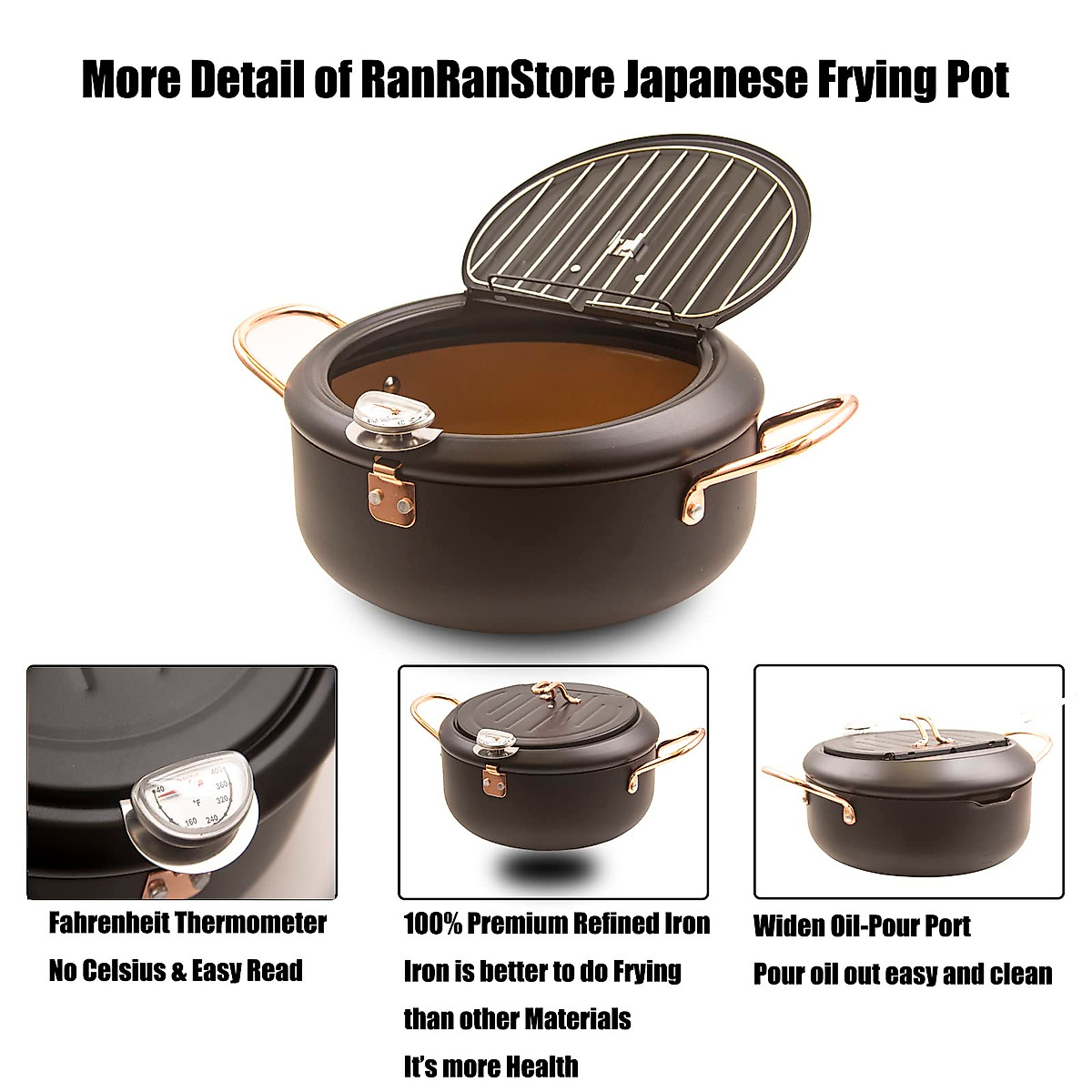 Cyrder Japanese Tempura Deep Fryer Pot 3.5L- Fahrenheit Thermometer, Nonstick Coating, Easy Clean, Heatup Fast, Big Exquisite Black Oil Fryer, 10inch