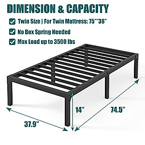 Yitong Angel Twin Bed Frame, 14 Inch High 3500 lbs Heavy Duty Metal Platform, Mattress Foundation with Steel Slat Support/No Box Spring Needed/Noise Free/Non-Slip/Easy Assembly