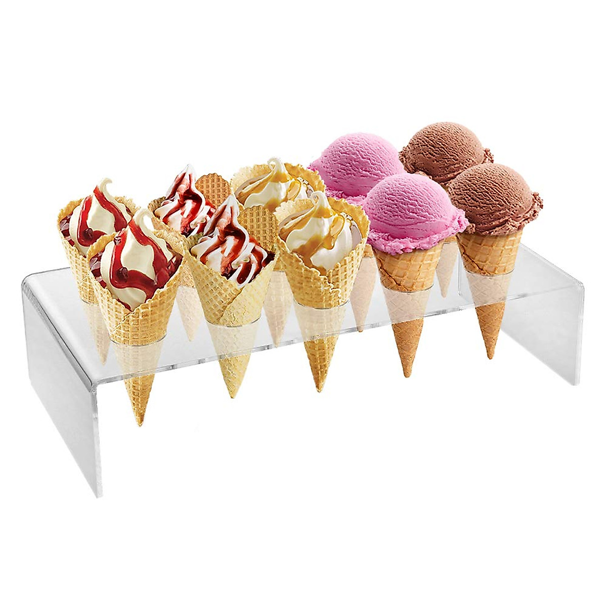 Clear Acrylic Ice Cream Cone Holder Stand 10 Holes to Display Snow Cones Sushi Hand Rolls Popcorn Candy French Fries Sweets Savory, Ice Cream Recipe Ebook Included