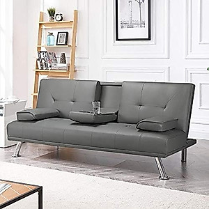 GATEQ Contemporary Faux Leather Futon, Convertible Sofa Bed, Adjustable Sofa Sleeper, Folding Sunbed Guest Bed, Removable Armrests with Cupholders and Pillow (Grey)