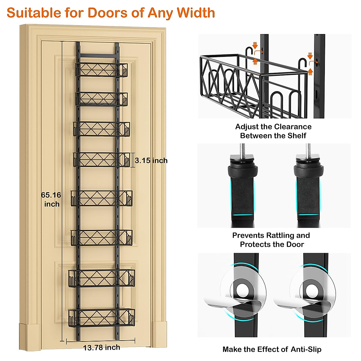 Over the Door Pantry Organizer 8-Tier Adjustable Baskets Hanging Spice Door Rack Narrow - 13.78" W x 65.16" H Behind the Door Storage for Kitchen, Bathroom, and Closet Organization- Black