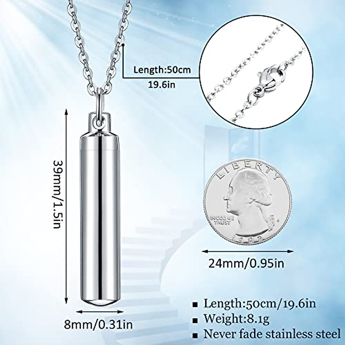 Urn Necklace for Ashes Cremation Cylinder Memorial Stainless Steel Memorial Pendant for Women Men Loved Ones (Silver,10 Pieces)