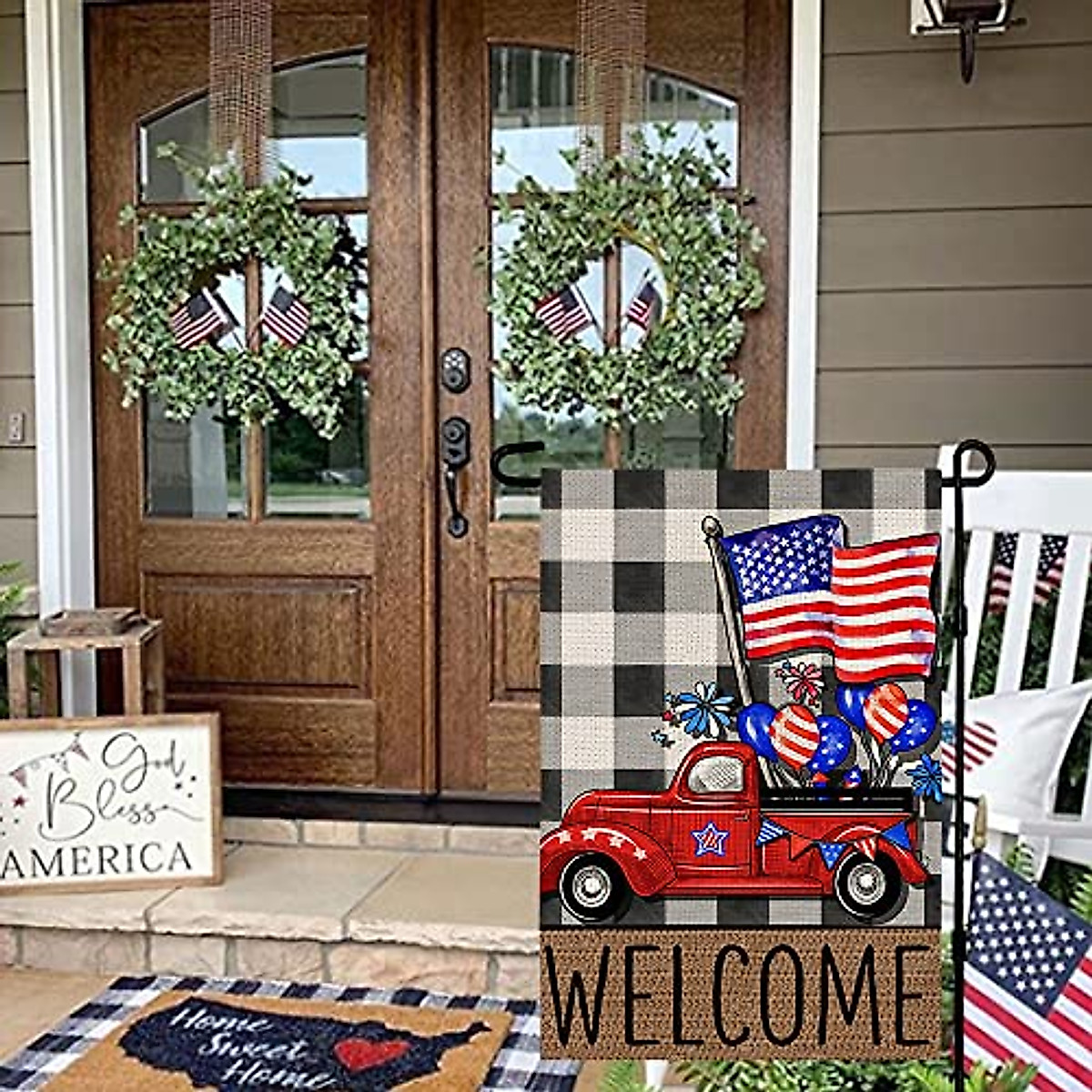 CROWNED BEAUTY 4th of July Patrioctic Welcome Truck Garden Flag 12x18 Inch Double Sided USA Flag Plaid Memorial Day Independence Day Outside Yard Party Decoration