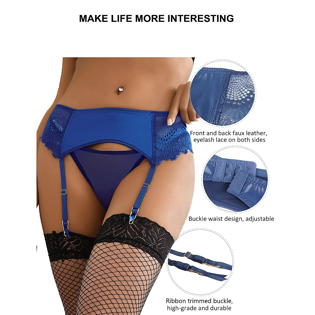 ohyeah Garter Belt for Thigh Highs Stockings, 4 Metal Clips Garter Belts Lace Suspenders for Stockings, Sexy Rave Outfits for Women Blue, XL-XXL