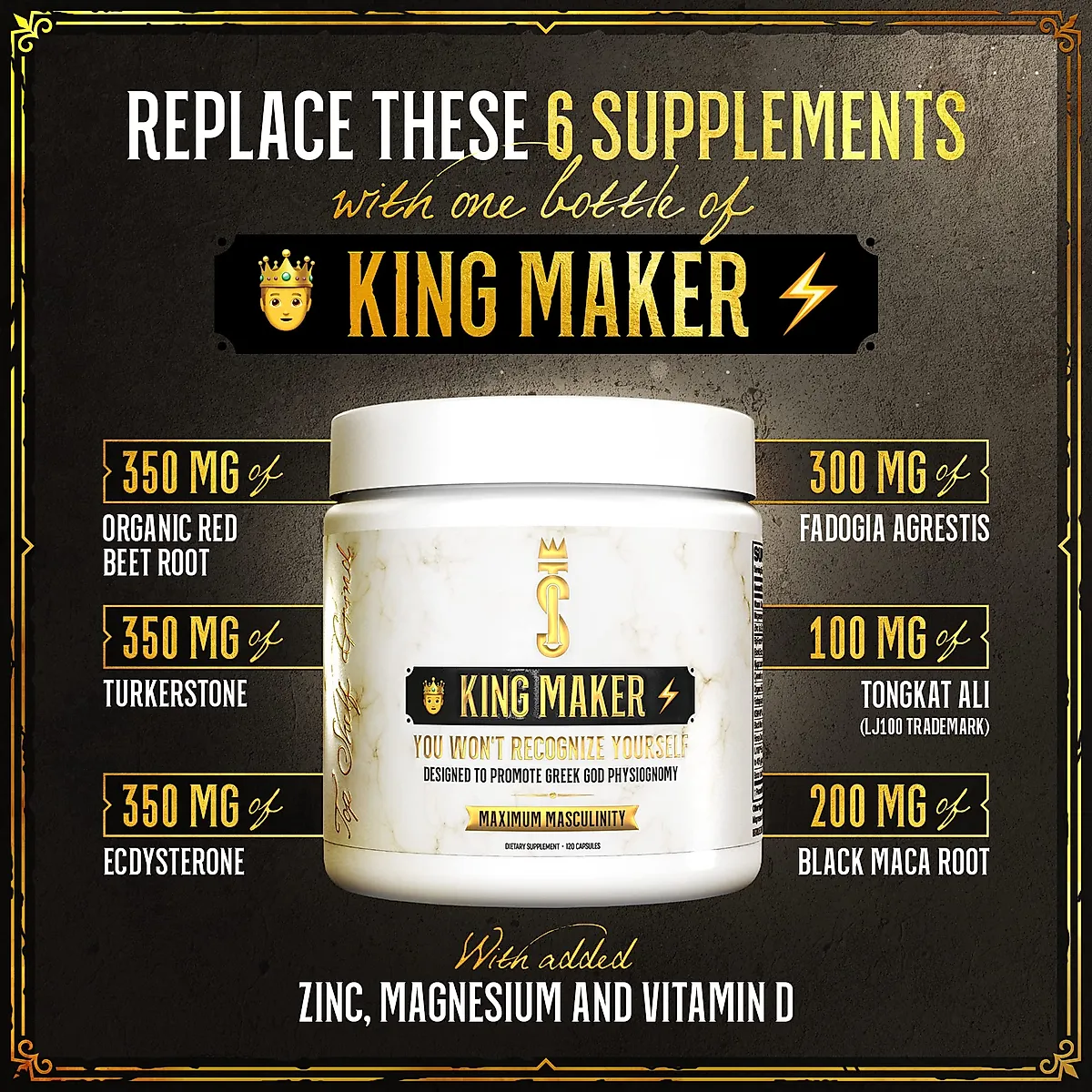 Top Shelf Grind King Maker, 13-in-1 Anabolic Supplement for Men to Increase Stamina, Lean Muscle Growth & Recovery, N.O. Booster with Tongkat Ali (LJ100), 120 Capsules