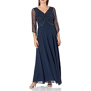 J Kara Women's 3/4 Sleeve V-Neck Beaded Top Long Gown, Navy/Mercury, 14