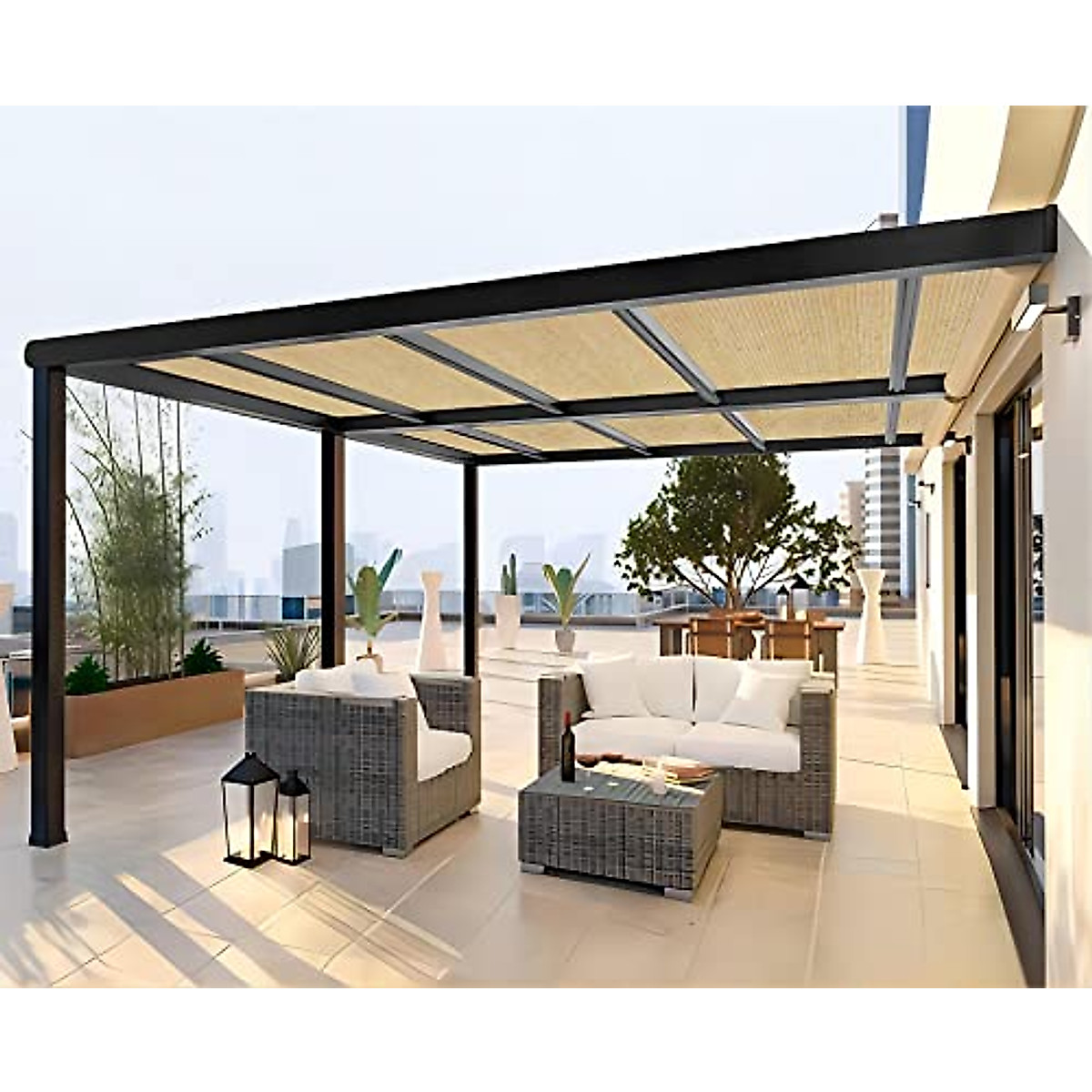 Shatex 90% Shade Fabric 12x 12ft Sun Shade Cloth with Grommets for Pergola Cover Canopy Wheat, 12 Bungee Balls