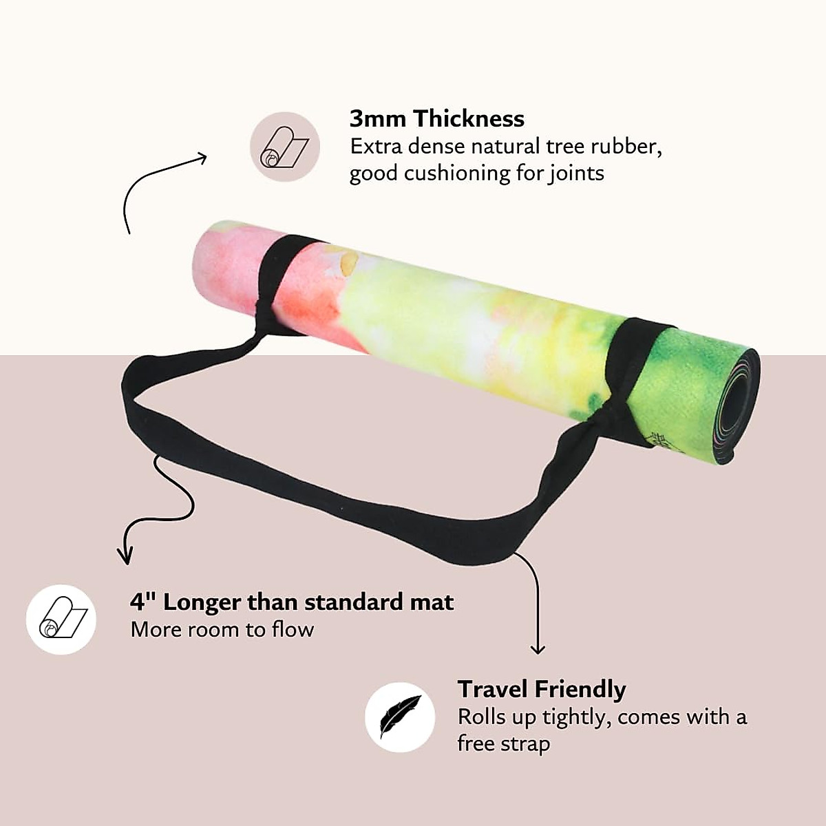 Shakti Warrior Zobhana Yoga Mat - Premium Printed Natural Eco-Friendly Non-Slip Mat Great for Hot Yoga, Pilates, Workouts (72 inch x 24 inch x 3mm Thick)